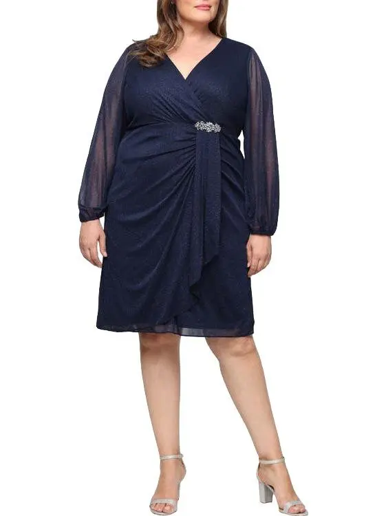 SL FASHIONS Glitter Mesh Long Sleeve Cocktail Dress - Navy