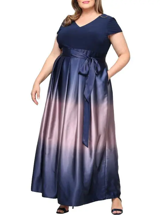 SL FASHIONS Short Sleeve Ombré A-line Gown - Navy/mauve