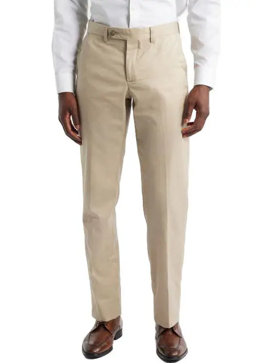 Berle Trim Fit Flat Front Lyocell & Cotton Twill Chinos - Khaki