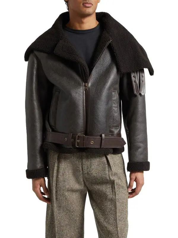 JW Anderson Belted Lambskin & Shearling Aviator Jacket - Chocolate Brown/brown