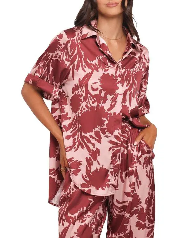 PETAL & PUP Elysia Floral Print Oversized Shirt - Pink Burgundy