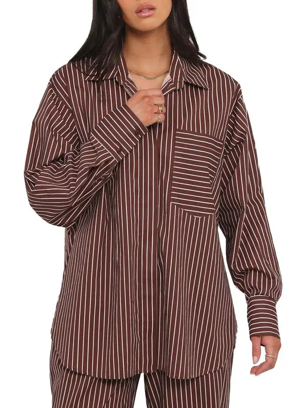 PETAL & PUP Darya Stripe Oversized Cotton Button-up Shirt - Chocolate Stripe
