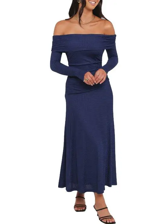 PETAL & PUP Katiya Off The Shoulder Long Sleeve Dress - Navy