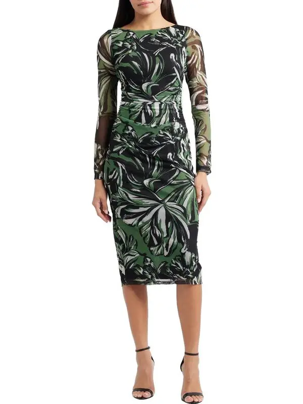 Vince Camuto Printed Long Sleeve Body-con Dress - Green Black
