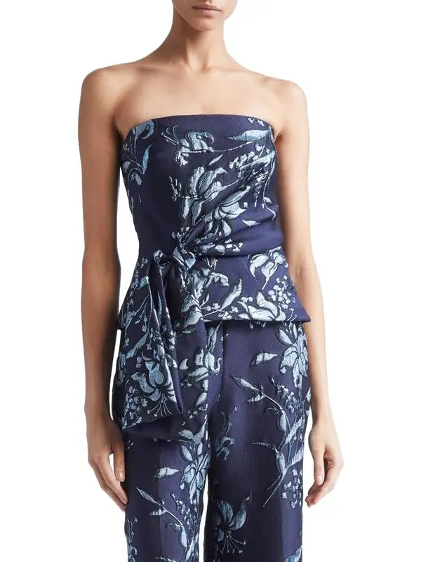 Lela Rose Metallic Floral Brocade Strapless Top - Navy