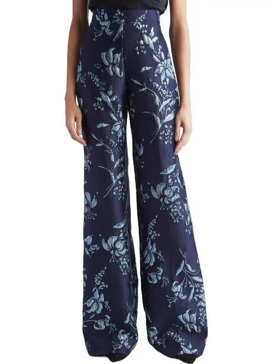 Lela Rose Metallic Floral Brocade Wide Leg Pants - Navy