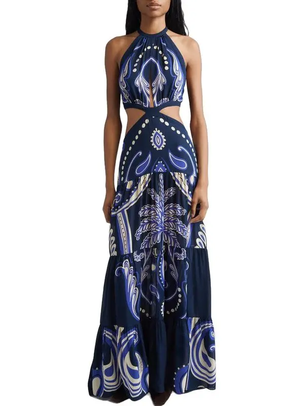Johanna Ortiz Floral Paisley Double Silk Georgette Maxi Dress - Navy/ecru