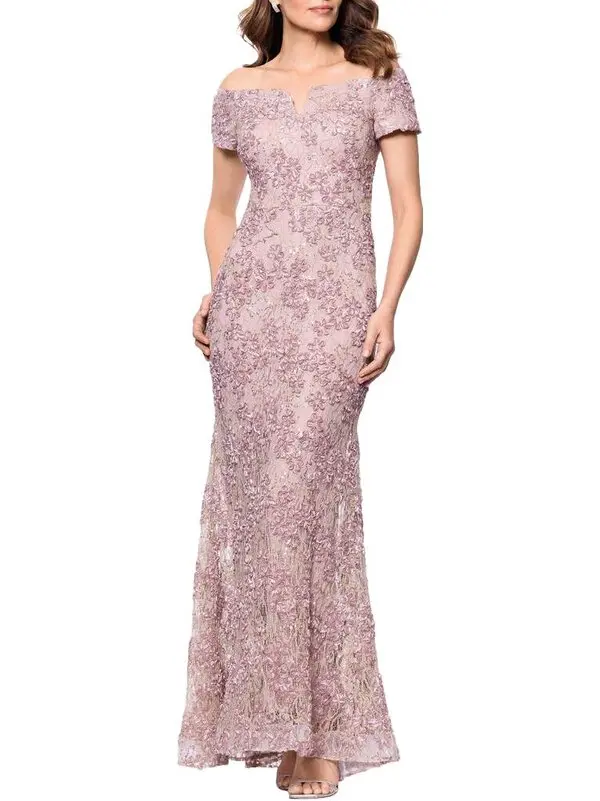 XSCAPE EVENINGS Soutache Lace Off-the-shoulder Gown - Gold/pink
