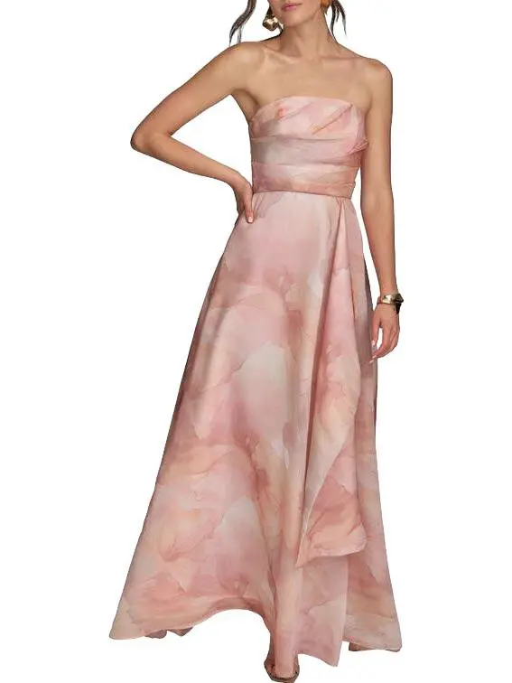 Donna Karan New York Abstract Floral Strapless Gown - Apricot Multi