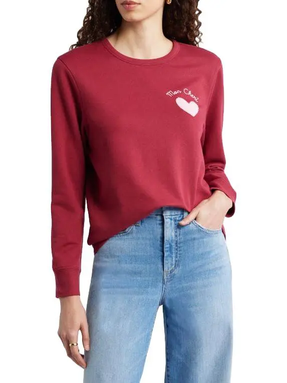 Caslon Mon Cheri Chenille Embroidered Sweatshirt - Red Pink Mon Cheri Heart