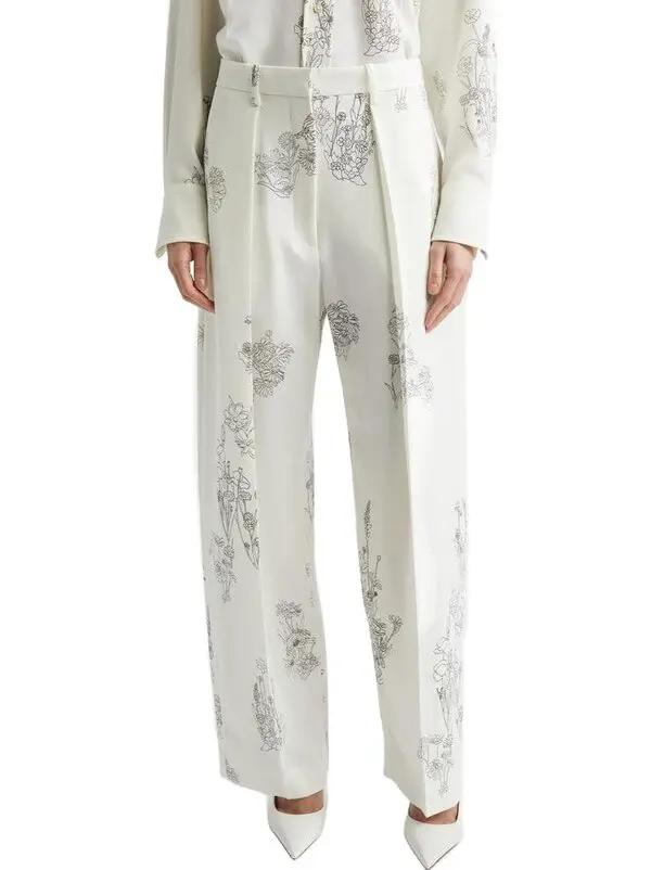Victoria Beckham Floral Print Pleated Wide Leg Trousers - Off White/black
