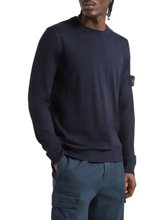 Stone Island Compass Patch Virgin Wool Crewneck Sweater - Navy Blue