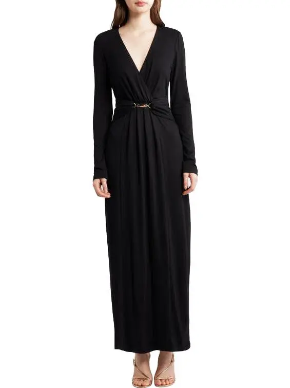 Halogen Wrap Front Long Sleeve Maxi Dress - Rich Black