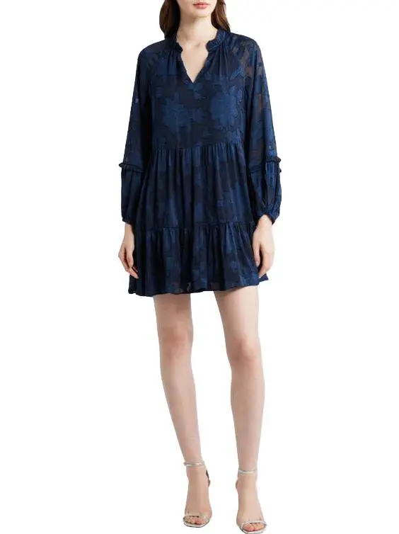 Halogen Long Sleeve Floral Tiered Dress - Classic Navy