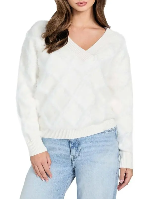 Guess Diamond Stitch V-neck Sweater - White