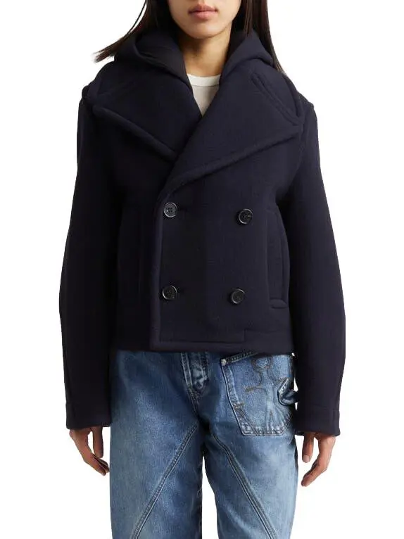 JW Anderson Crop Double Face Wool Pea Coat With Removable Hood - Navy