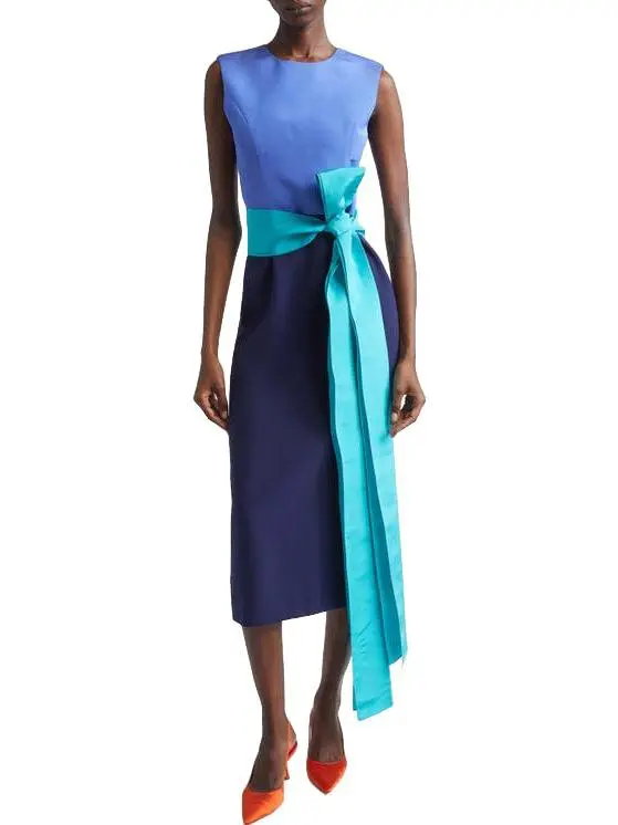Carolina Herrera Colorblock Stretch Crepe Sheath Dress With Faille Sash - Midnight Multi