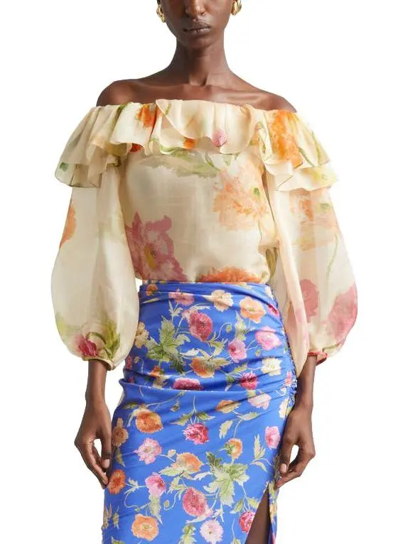 Carolina Herrera Poppy Print Silk Organza Top - Almond Multi