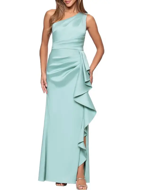 XSCAPE EVENINGS Ruffle Detail One-shoulder Mikado Sheath Gown - Sage