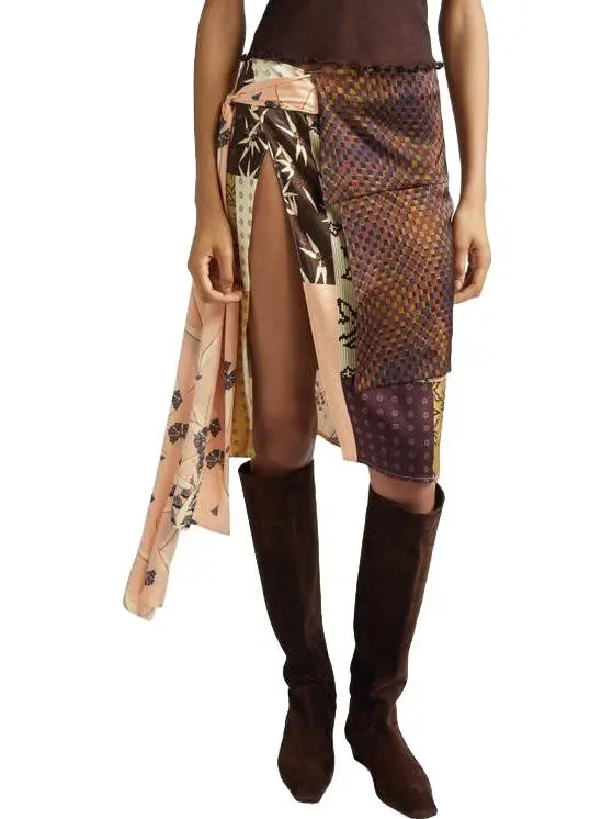 SIEDRES Patchwork Print Satin Skirt With Sash - Brown Multi