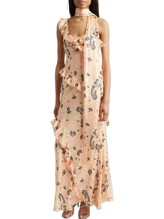 SIEDRES Monica Floral Tiered Ruffle Satin Maxi Dress With Detachable Scarf Tie - Coral