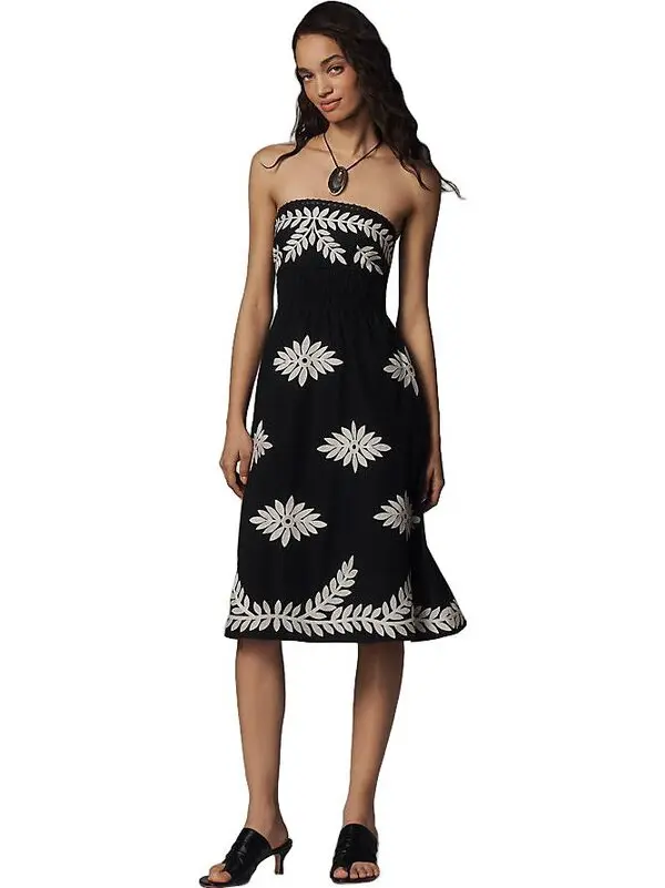Anthropologie Strapless Smocked Midi Dress - Black Pattern