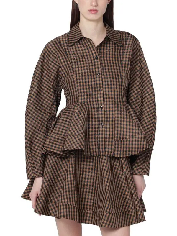 GANNI Gingham Peplum Shirt - Brown
