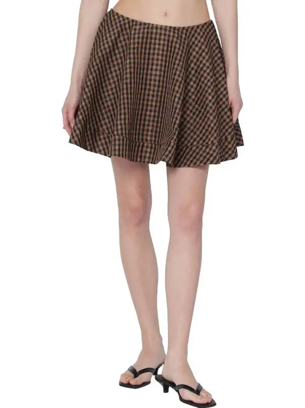 GANNI Gingham Flared Mini Skirt - Brown