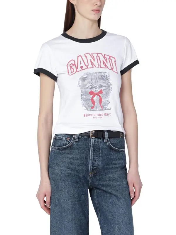 GANNI Cropped T-shirt With Logo Print - White
