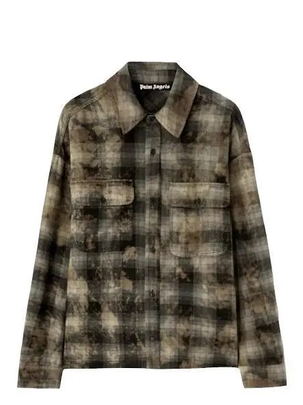 Palm Angels Curved Logo Check Long Sleeve Shirt - Green/grey/brown