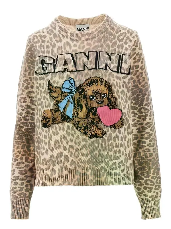 GANNI Leopard Appliqué Sweater - Neutrals