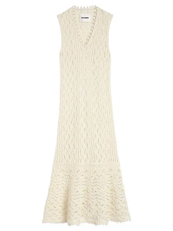 JIL SANDER Sleeveless Crochet Knit V-neck Dress - Eggshell