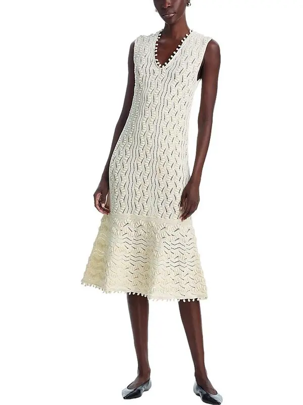 JIL SANDER Sleeveless Crochet Knit V-neck Dress - Eggshell