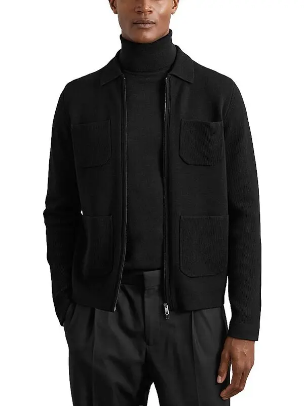 REISS Long Sleeve Ribbed Zip-up Cardigan - Black