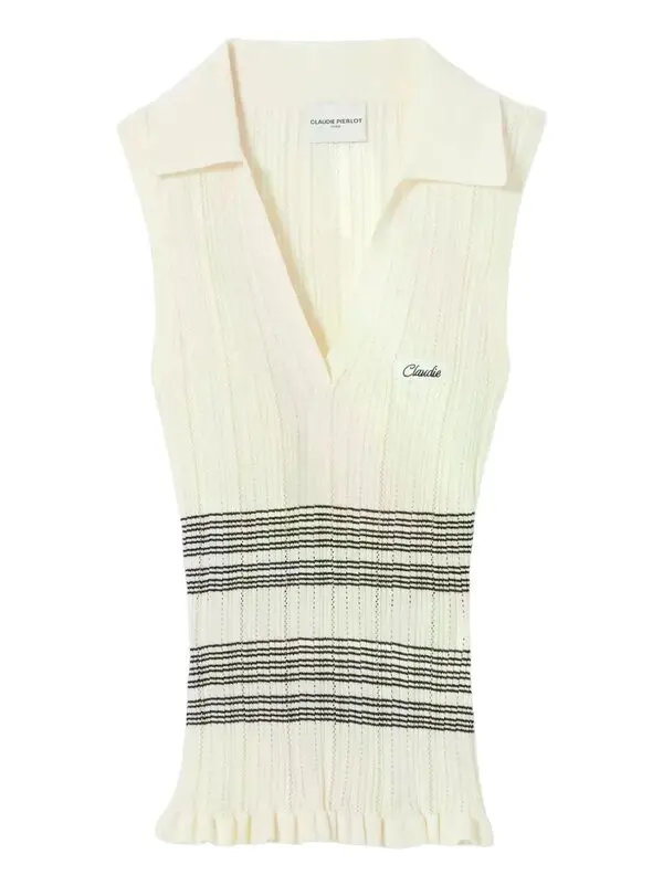 Claudie Pierlot Striped V-neck Polo Top - Neutrals