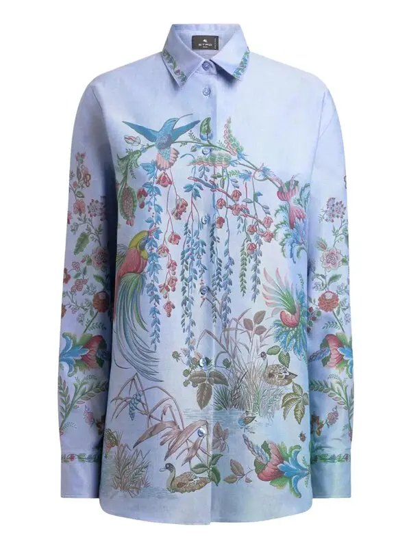 Etro Oxford Cotton Floral Print Shirt - Blue