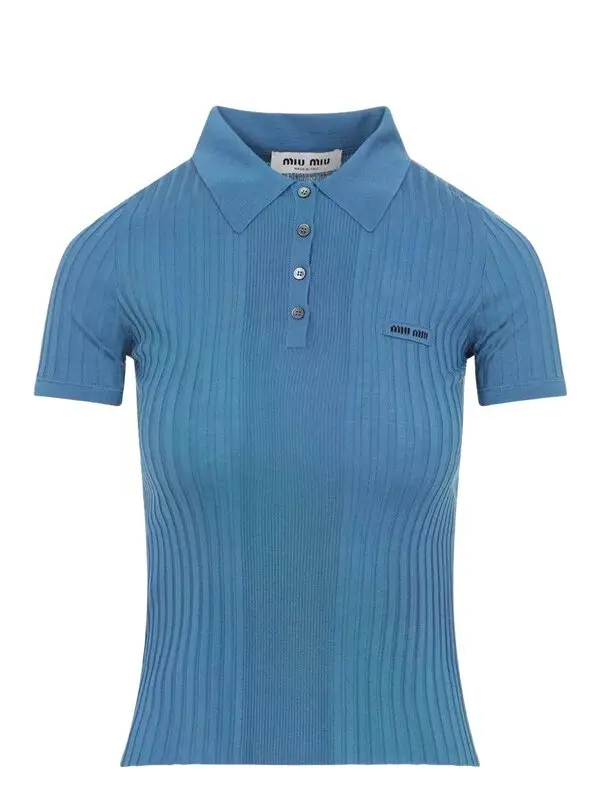 Miu Miu Ribbed Knit Polo Top - Blue