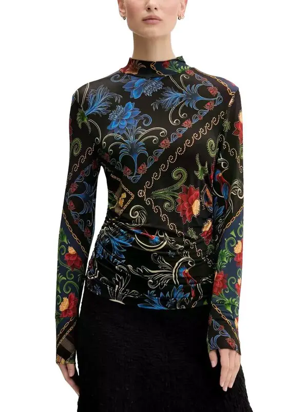 Farm Rio Floral Long-sleeve Top - Black