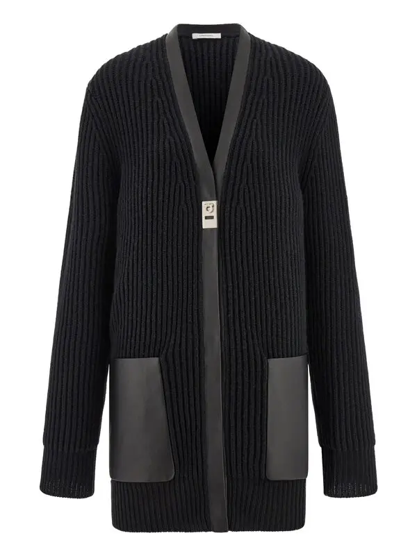 FERRAGAMO Longline Cardigan With Leather Trims - Black