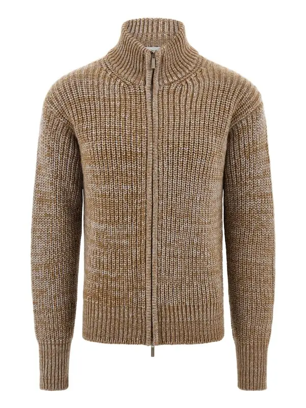 FERRAGAMO High Neck English Rib Knit Cardigan - Beige