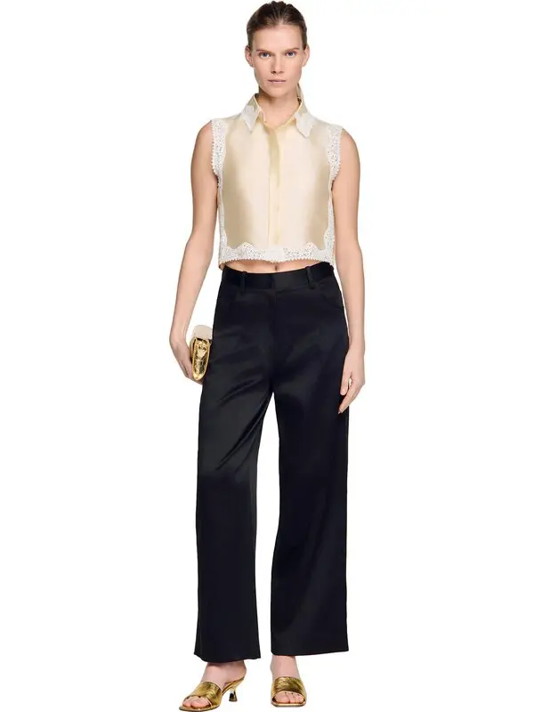 Sandro Satin-effect Wide-leg Trousers - Black