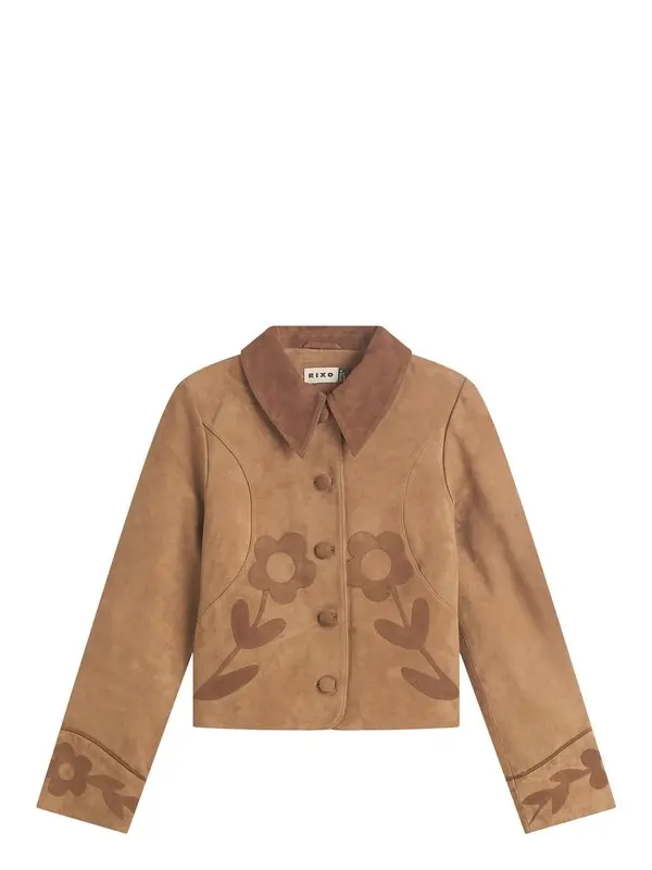 Rixo Dionne Suede Jacket - Retro Daisy Applique Tan