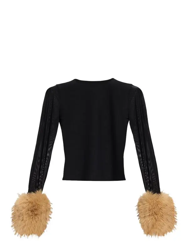 Alice + Olivia Delaina Mesh Top With Faux Fur Cuffs - Black