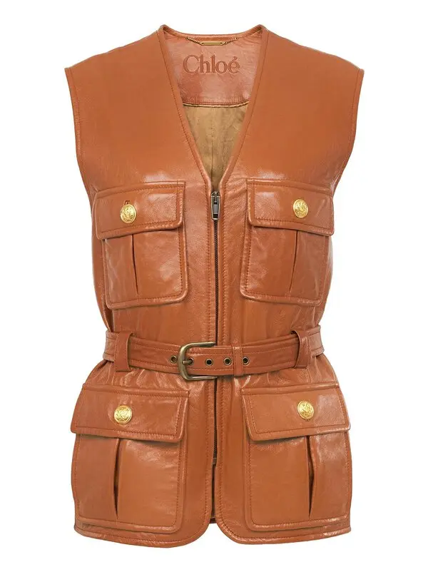 Chloé Belted Leather Utilitarian Vest - Caramello