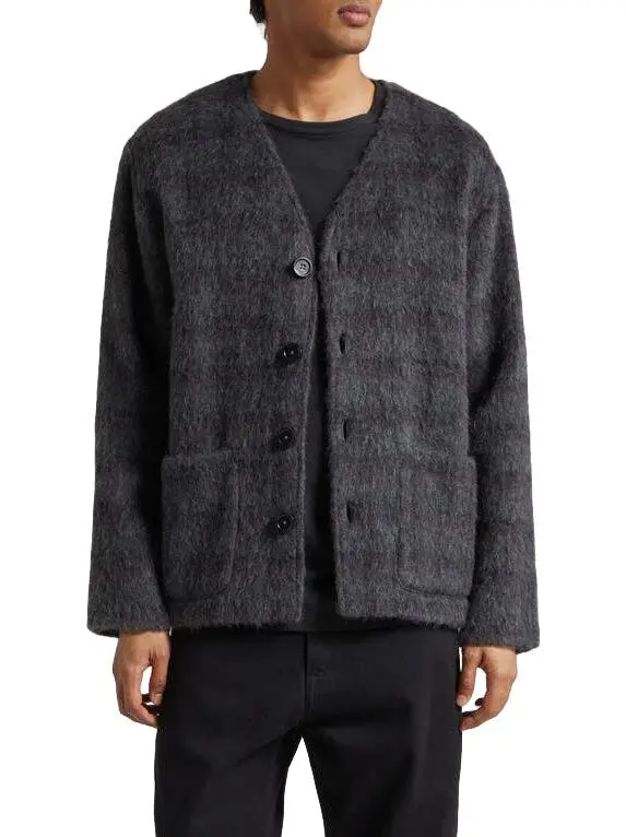 Our Legacy Fuzzy Check Wool And Alpaca Blend Cardigan - Fuzzed Plum Check Hairy Wool