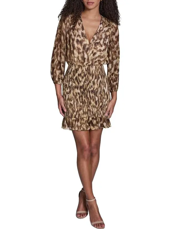 Bcbgmaxazria Leopard Print Smocked Chiffon Mini Dress - Espresso Dusk Multi