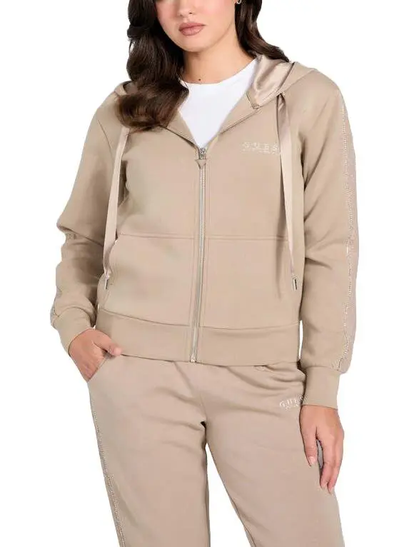 Guess Rhinestone Embellished Zip Hoodie - Beige