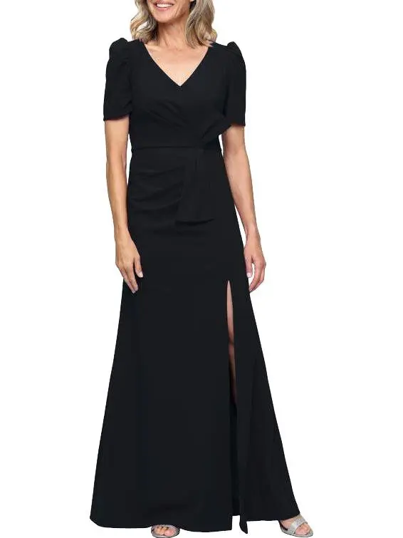 Alex Evenings Puff Sleeve Stretch Crepe Gown - Black