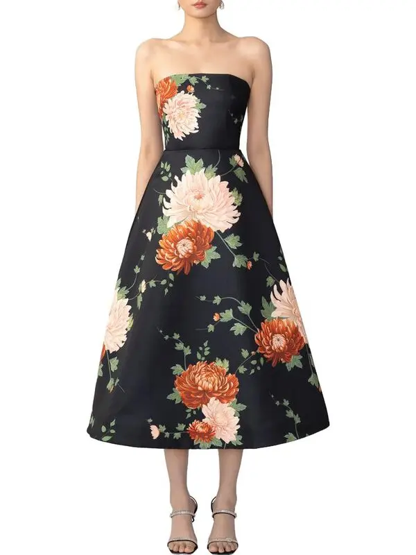 SAU LEE Fiora Floral Strapless Gown - Black