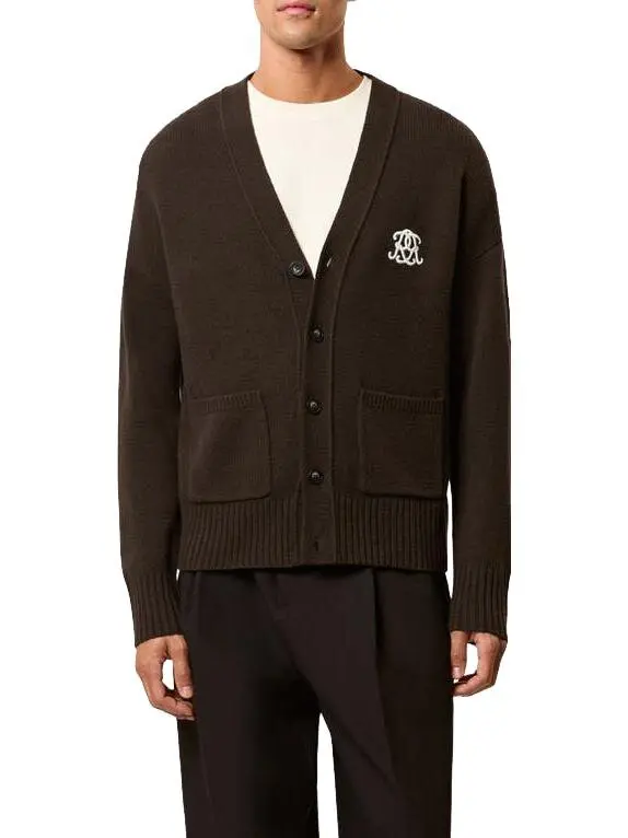 REISS Morris Embroidered Wool Cardigan - Brown